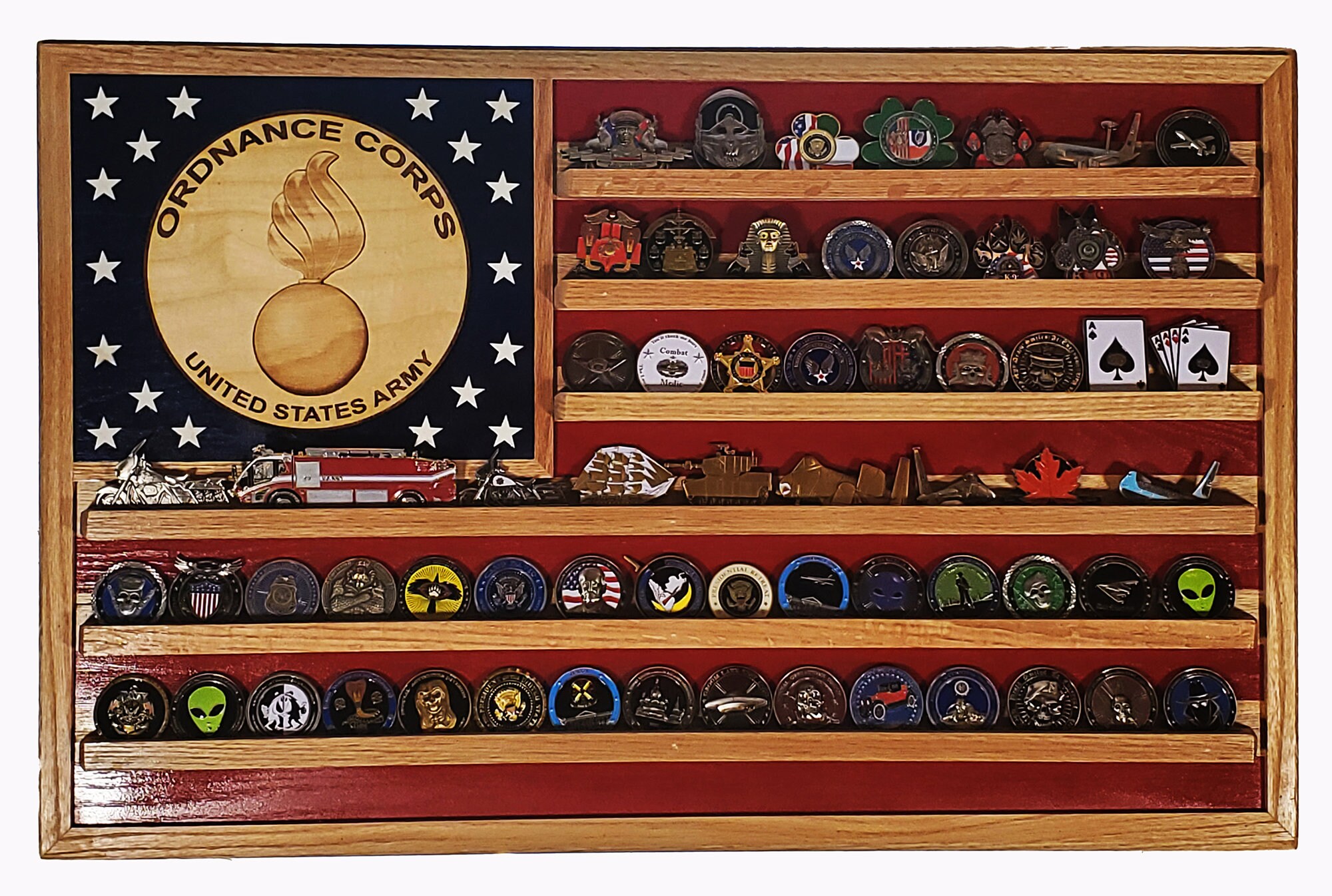 US Army Ordnance Hardwood Oak Challenge Coin Display Flag 36x24 Holds ...