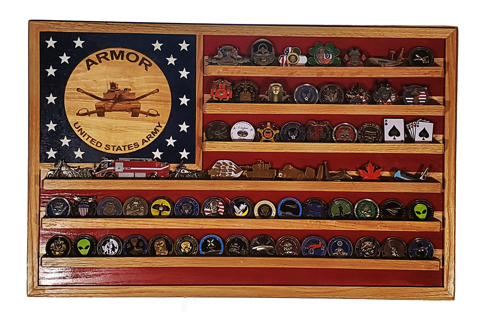 US Army Armor Hardwood Oak Challenge Coin Display Flag 36x24 Holds 60 ...