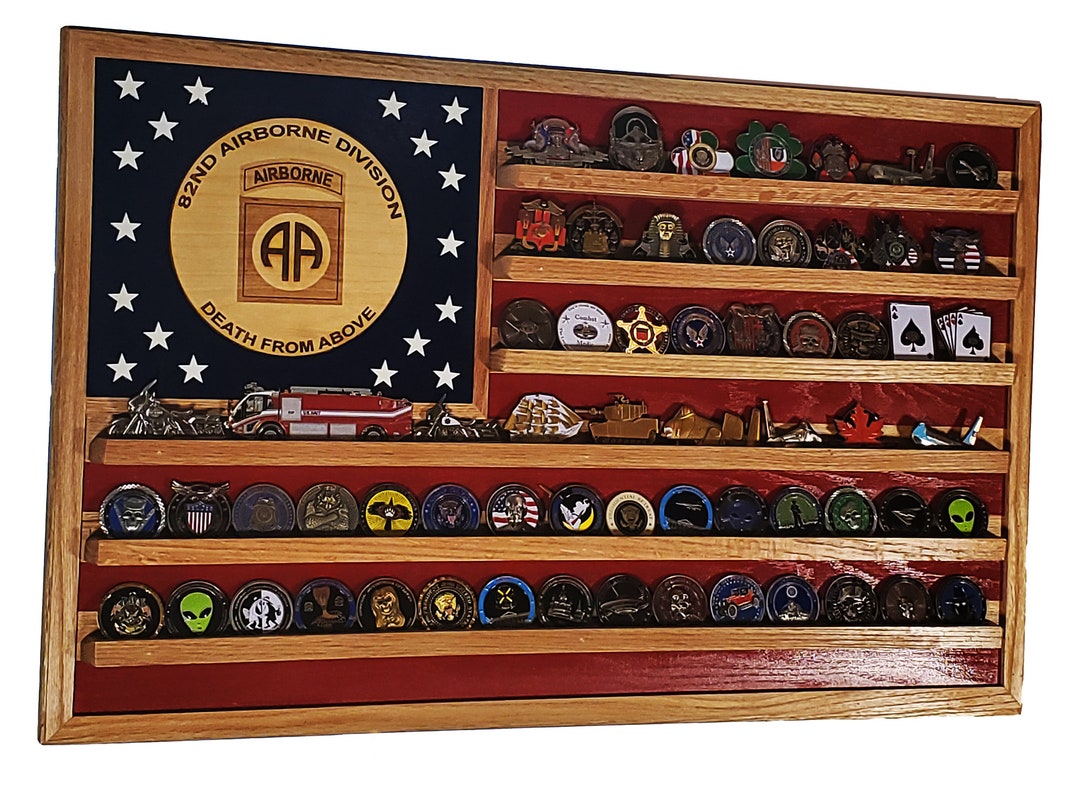 82nd Airborne US Army Challenge Coin Display: Hardwood Oak Flag (holds ...