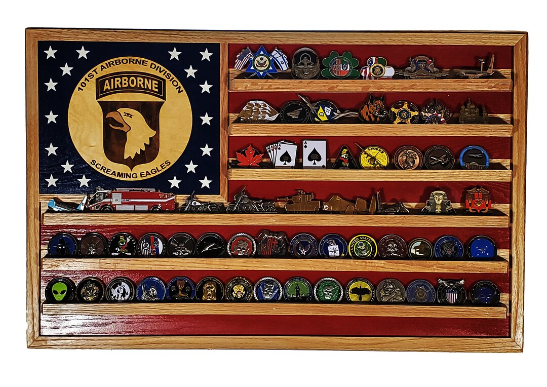 101st Airborne US Army Challenge Coin Display: Oak Flag (60-80 Coins ...