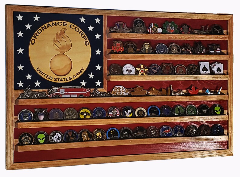 US Army Ordnance Hardwood Oak Challenge Coin Display Flag 36x24 Holds ...