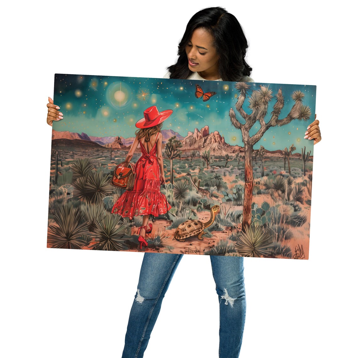 Desert Dreamscape Woman in Red Dress Vector Illustration on Metal Print ...