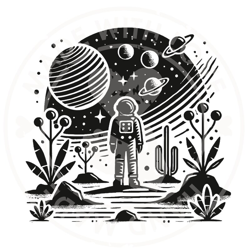 Cosmic Astronaut Vector Art Black and White Space Line Art Illustration ...