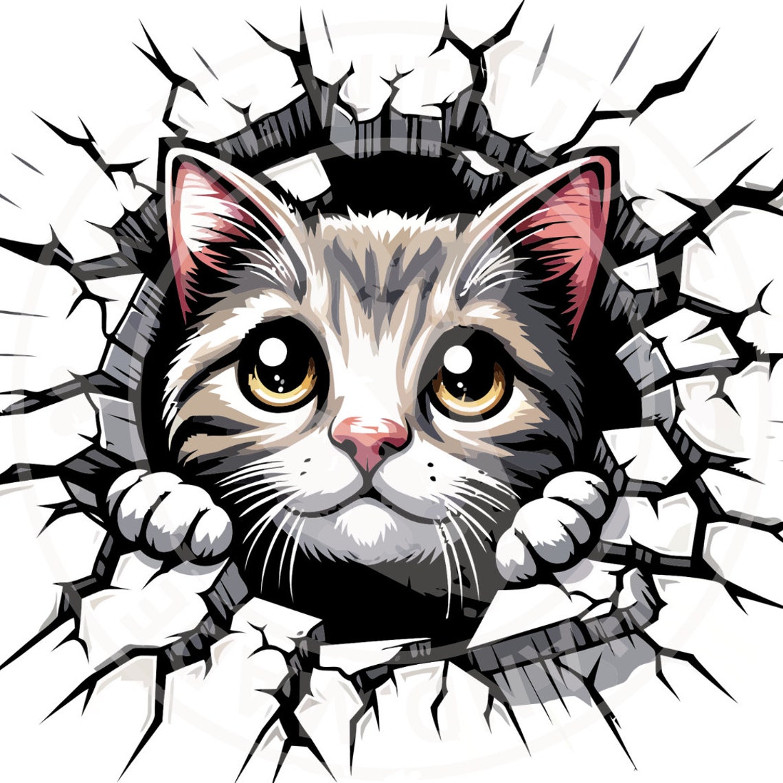 Cute Cat Peeking Through Cracked Wall Vector Art Adorable SVG/PNG ...