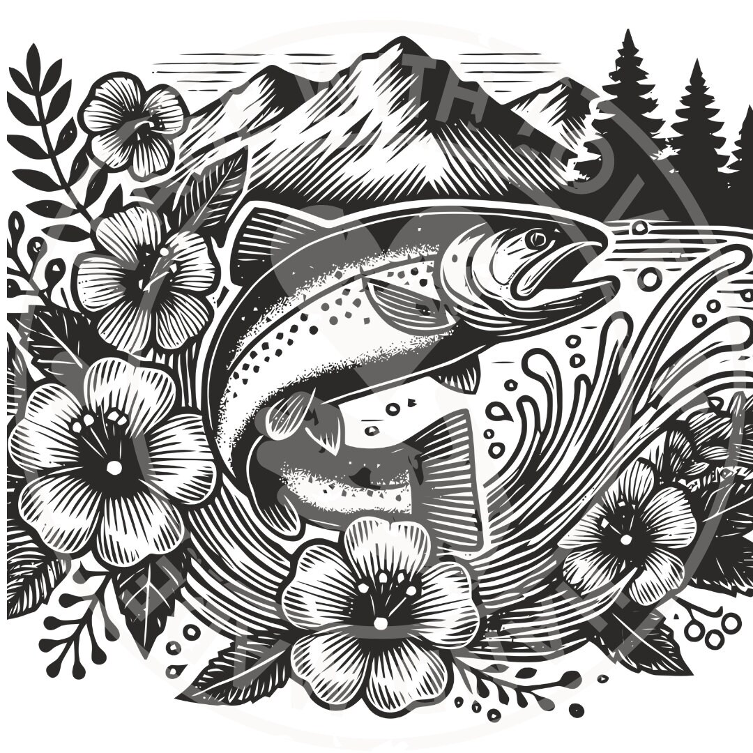 Wild Trout Fish Nature Scene SVG Intricate Floral Mountain Vector Art ...