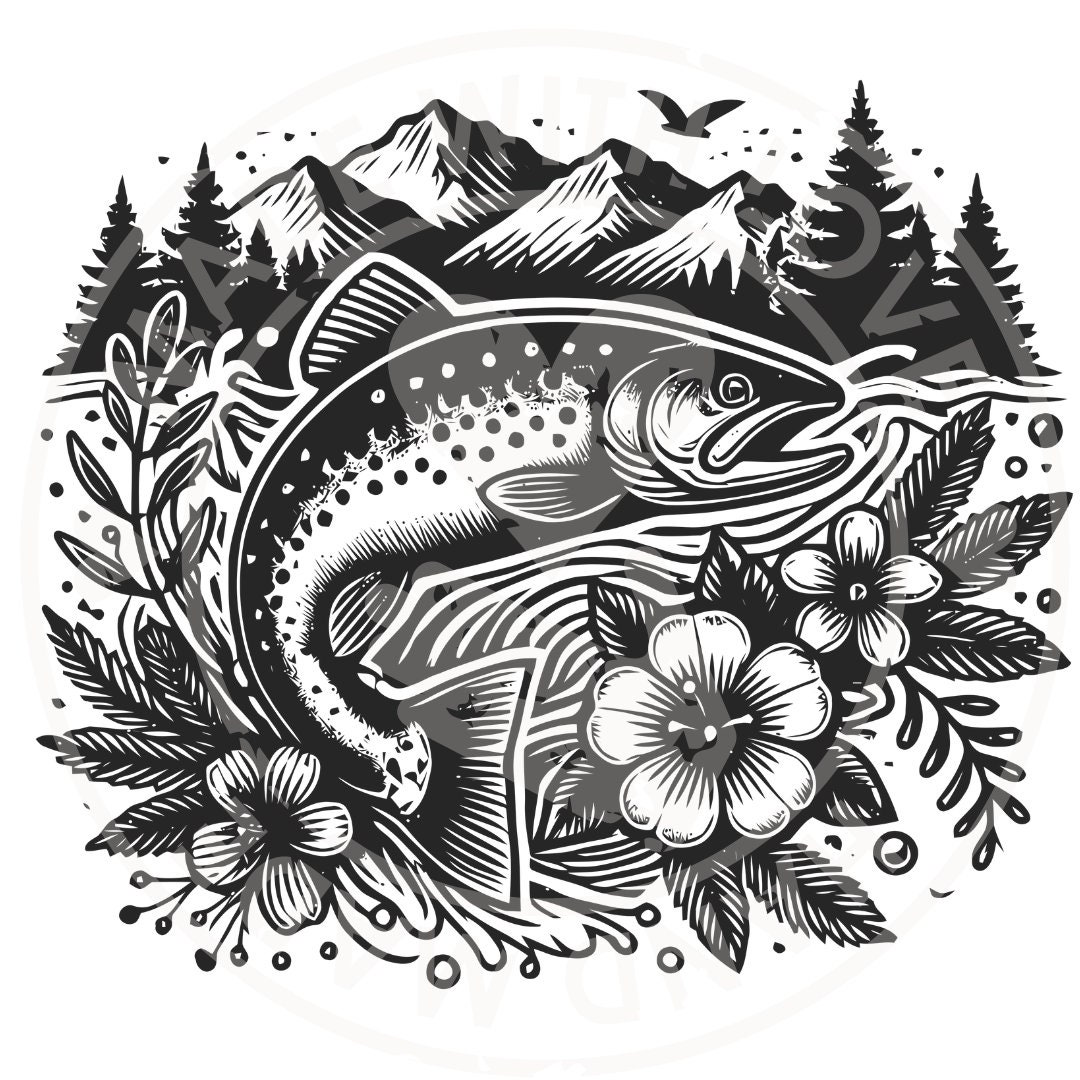 Wild Trout Fish Nature Scene SVG Intricate Floral Mountain Vector Art ...