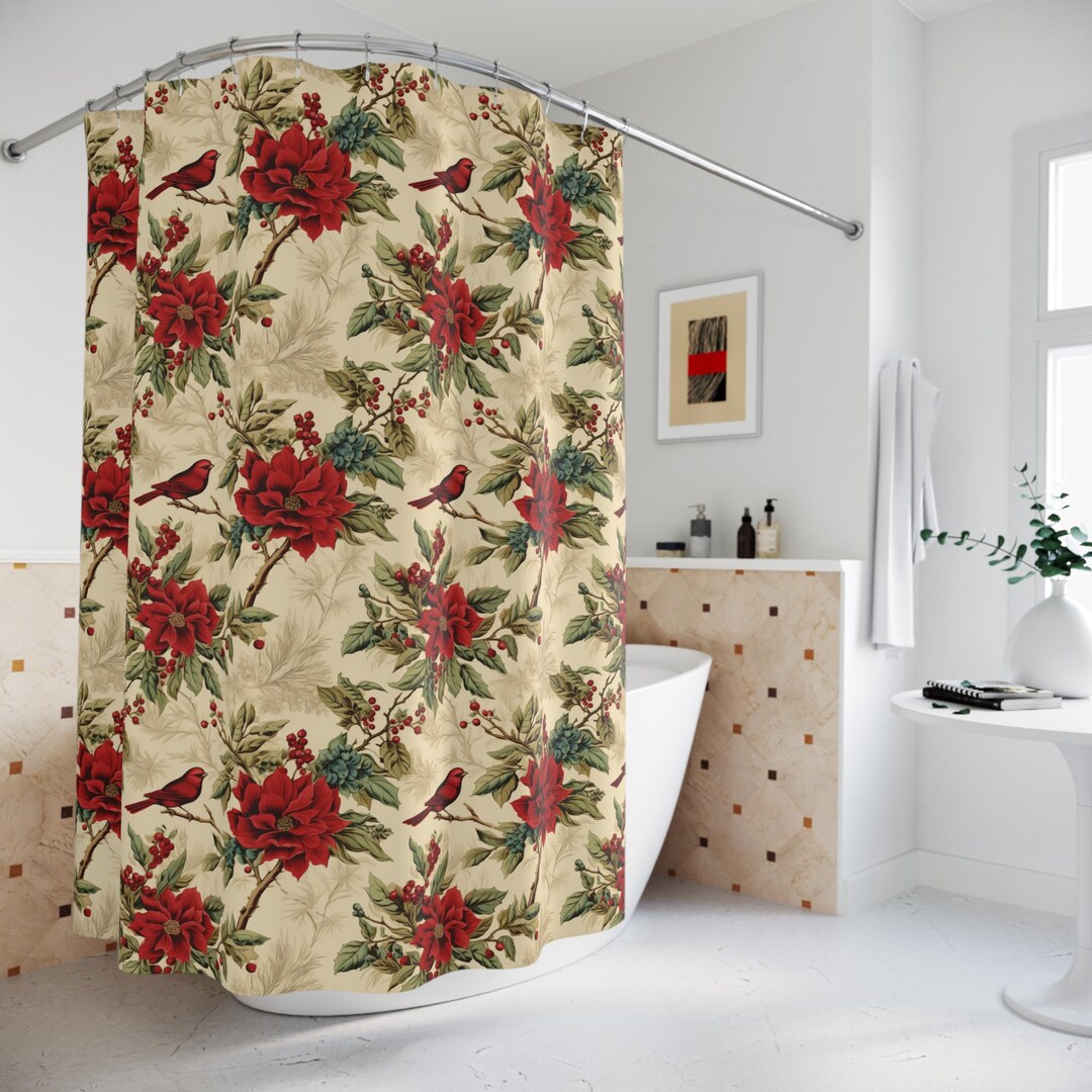 Red Cardinals Christmas Shower Curtain, Xmas Shower Curtain, Green ...
