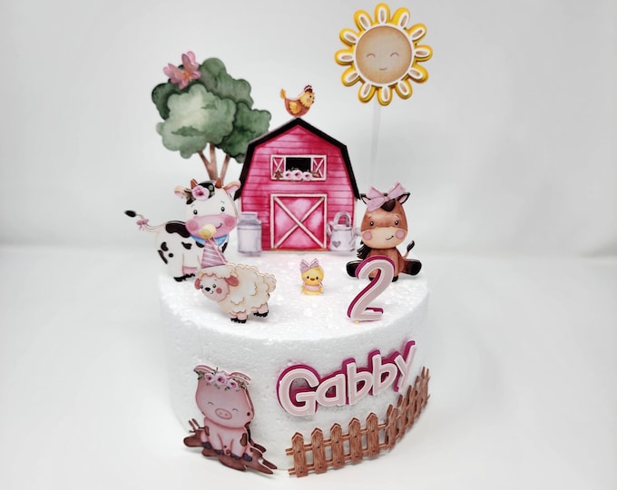 Farm Cake Topper, Pink Farm Cake Topper, Pink Farm Birthday, Farm ...