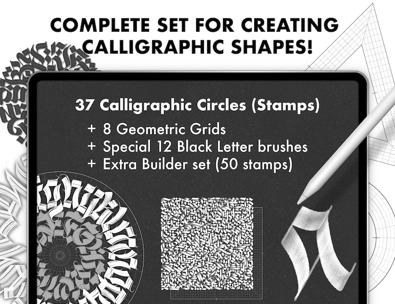 Procreate Calligraphy Brushes: Gothic Lettering Grids & Stamps (digital ...