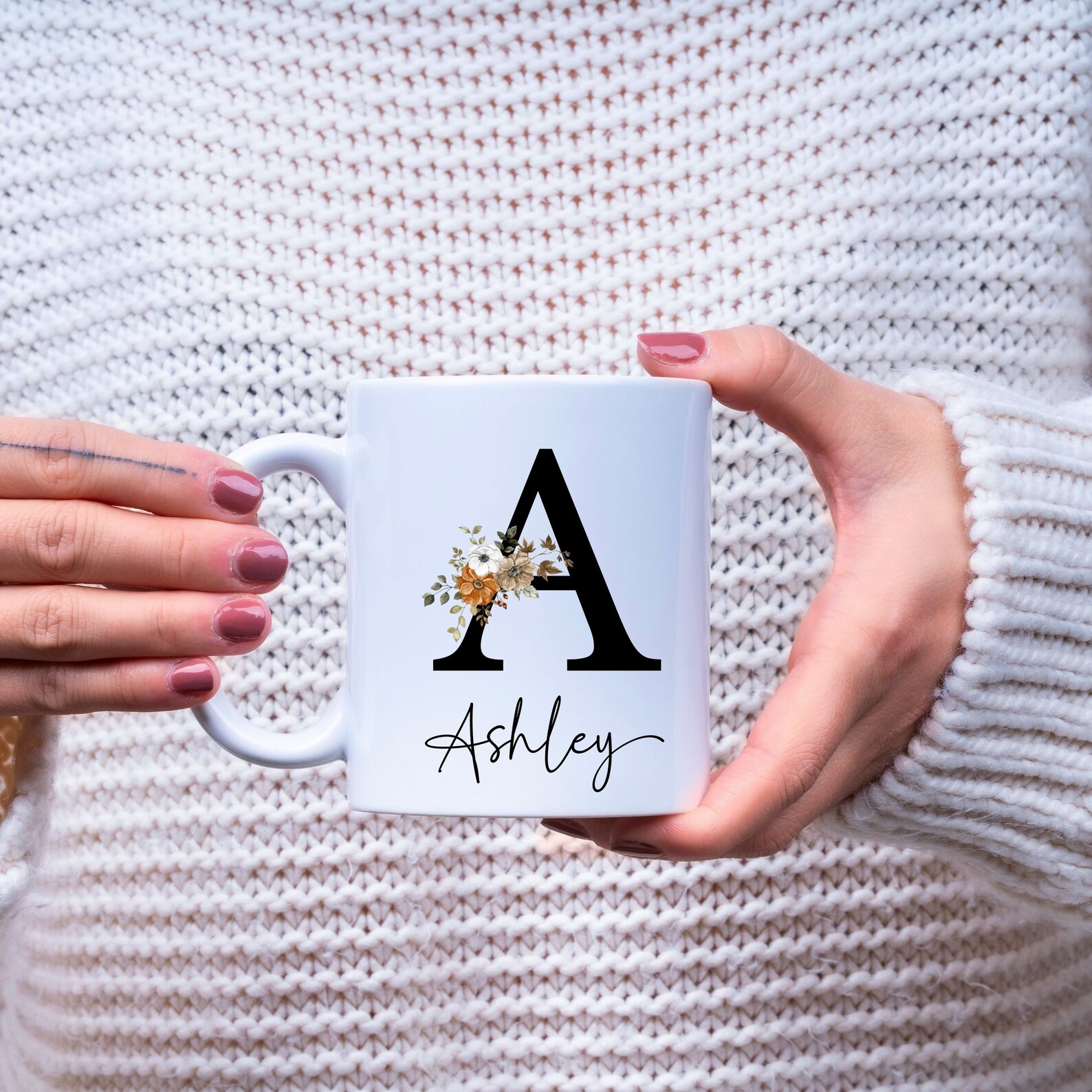 Black Floral Initial Letter Mug Monogram Alphabet Mug Personalized ...