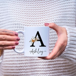 Black Floral Initial Letter Mug Monogram Alphabet Mug Personalized ...