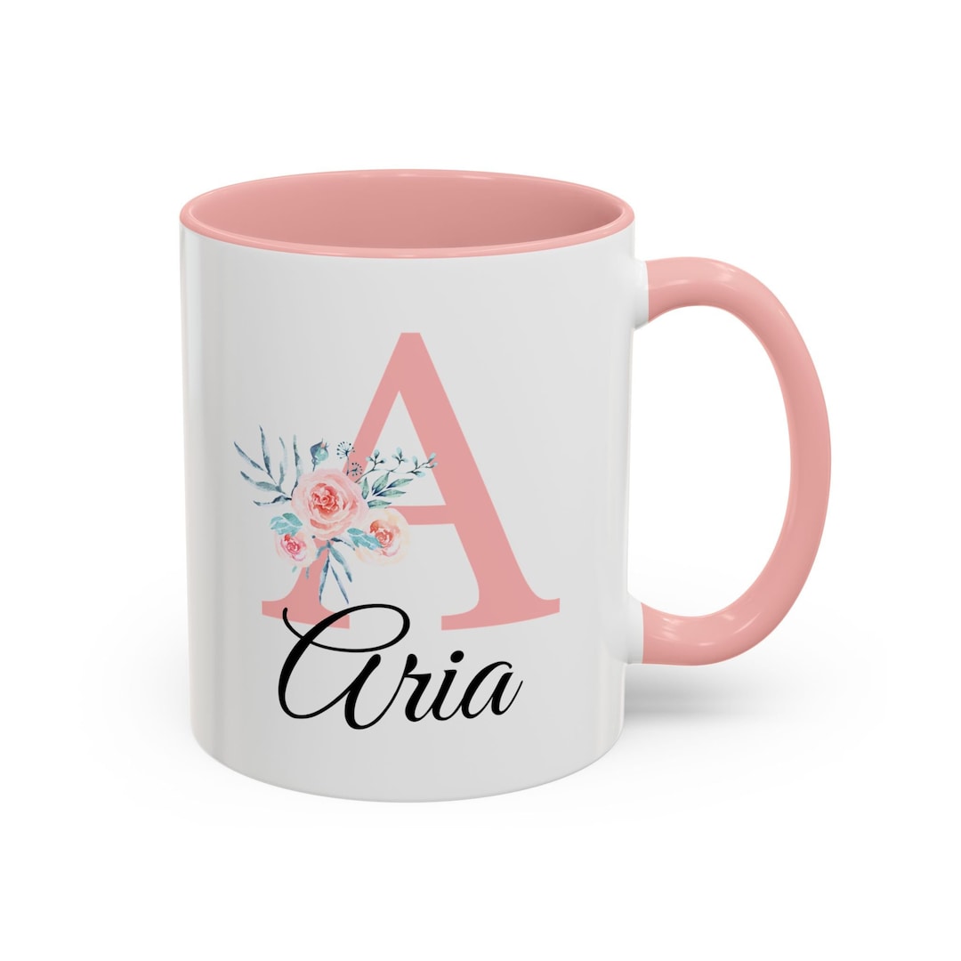 Pink Watercolor Floral Initial Cup, Custom Letter Coffee Mug ...