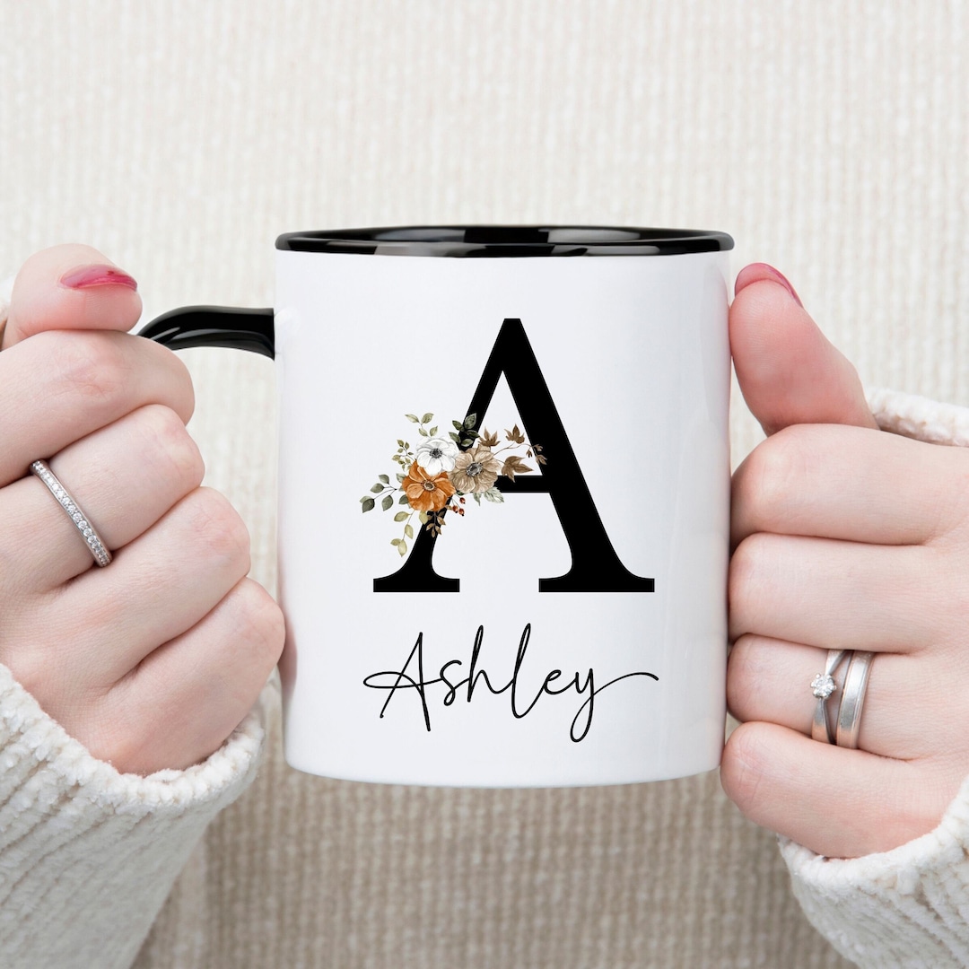 Black Floral Initial Letter Mug Monogram Alphabet Mug Personalized ...