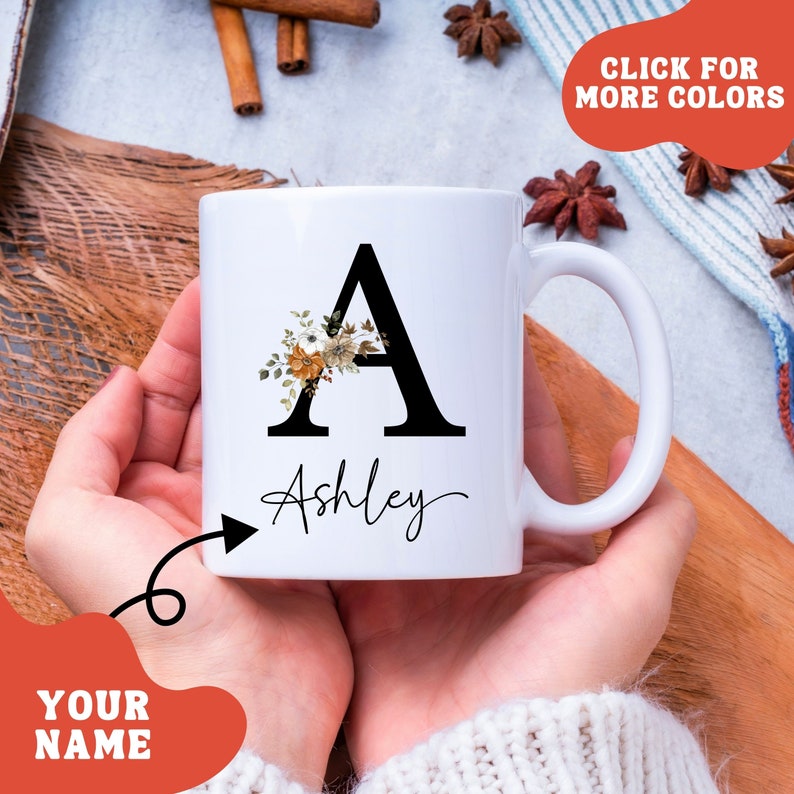 Black Floral Initial Letter Mug Monogram Alphabet Mug Personalized ...
