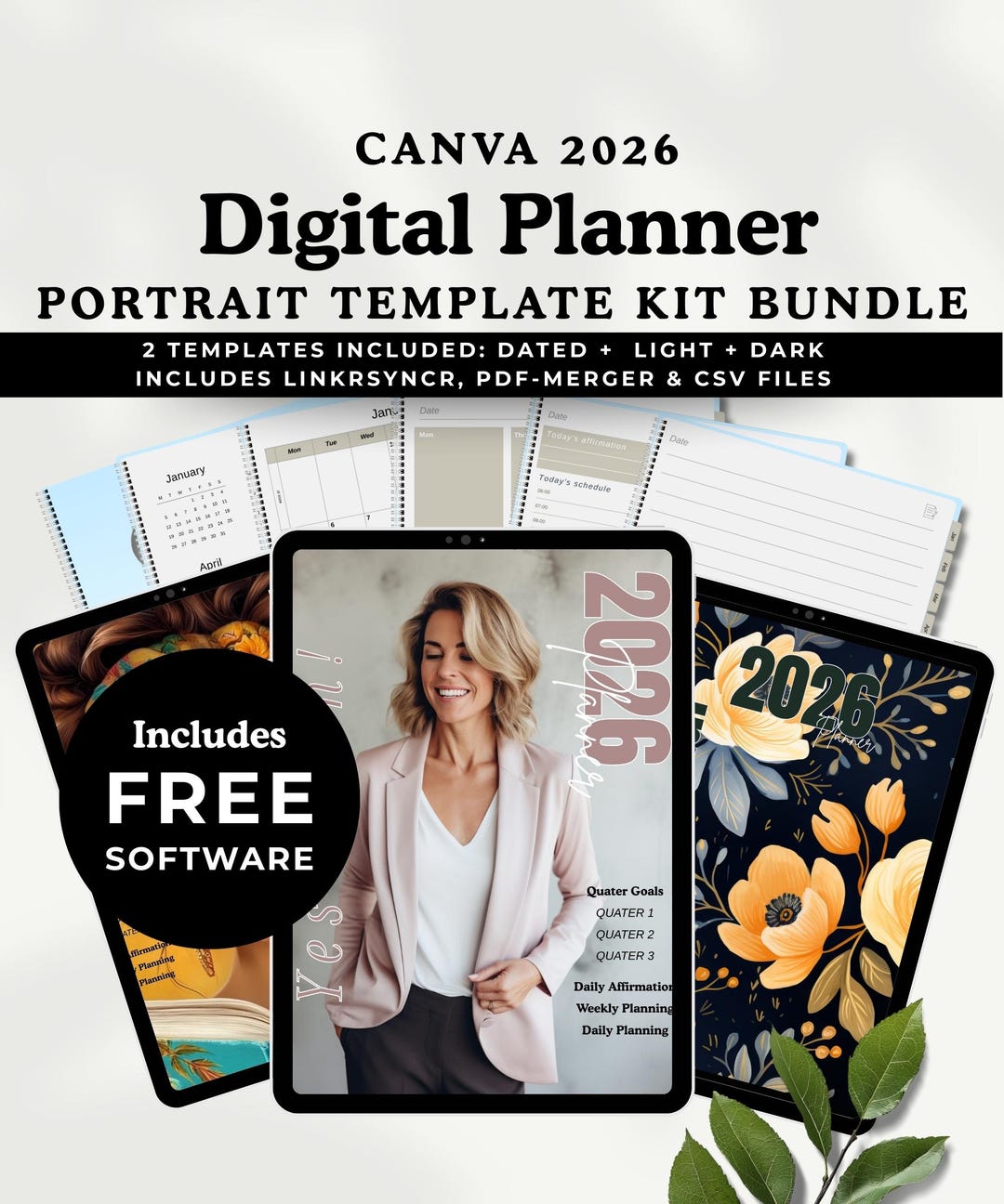 2026 Digital Planner Canva Template Bundle | Portrait Dated Light ...