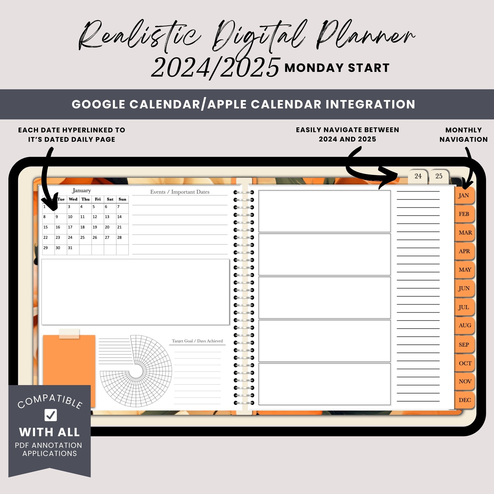 Realistic Digital Planner 2024 2025 With Google and Apple Calendar ...