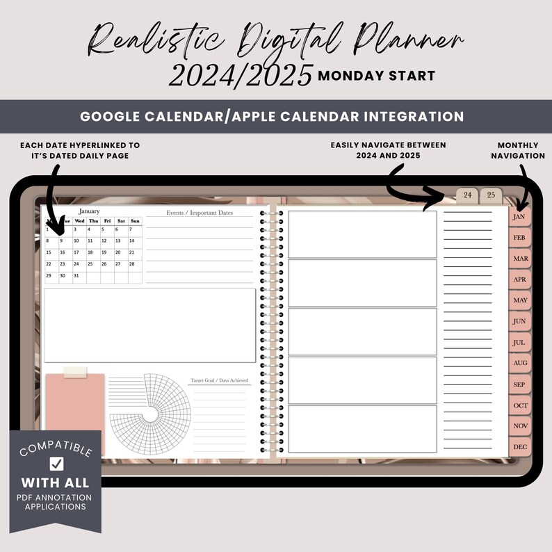 Realistic Digital Planner 2024 2025 With Google and Apple Calendar ...