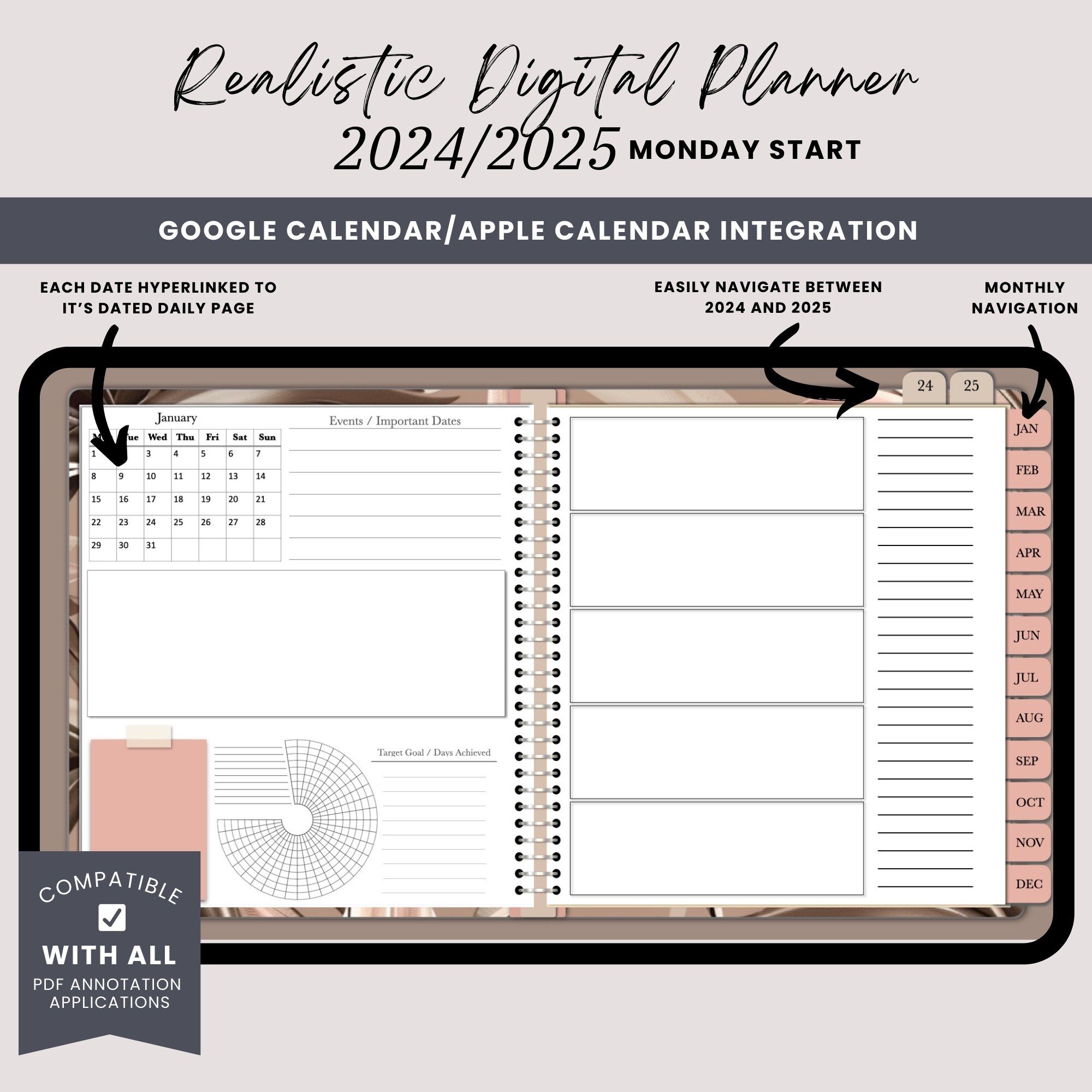 Realistic Digital Planner 2024 2025 With Google and Apple Calendar ...