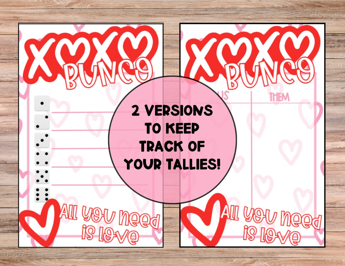 Printable XOXO Theme Bunco Set: Score Cards 2 Versions, Tally Sheet 2 ...
