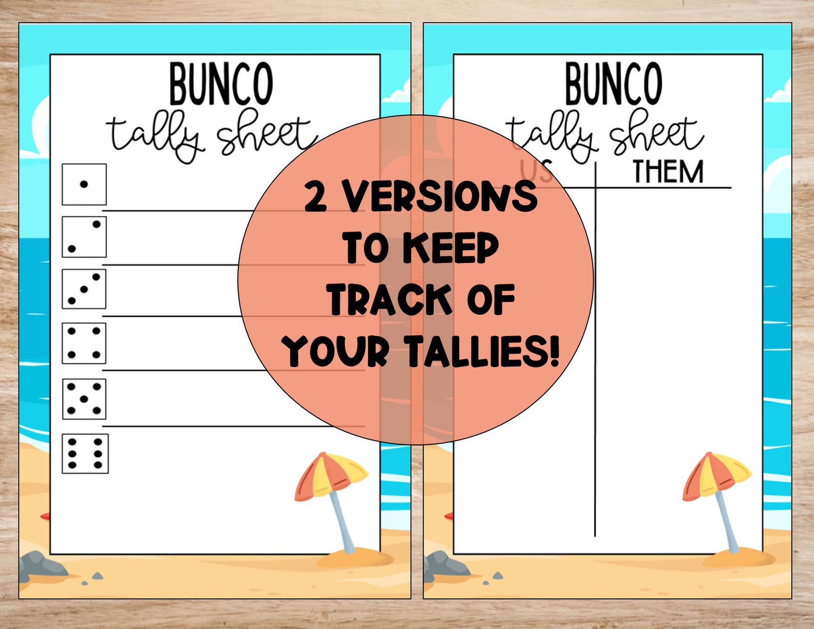 Printable Beach Theme Bunco: Score Card, Tally Sheet (2 Versions ...