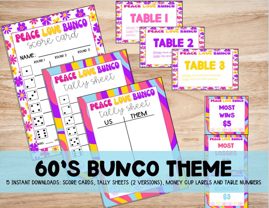 Printable 60's Theme Bunco Set: Score Card, Tally Sheet (2 Versions ...