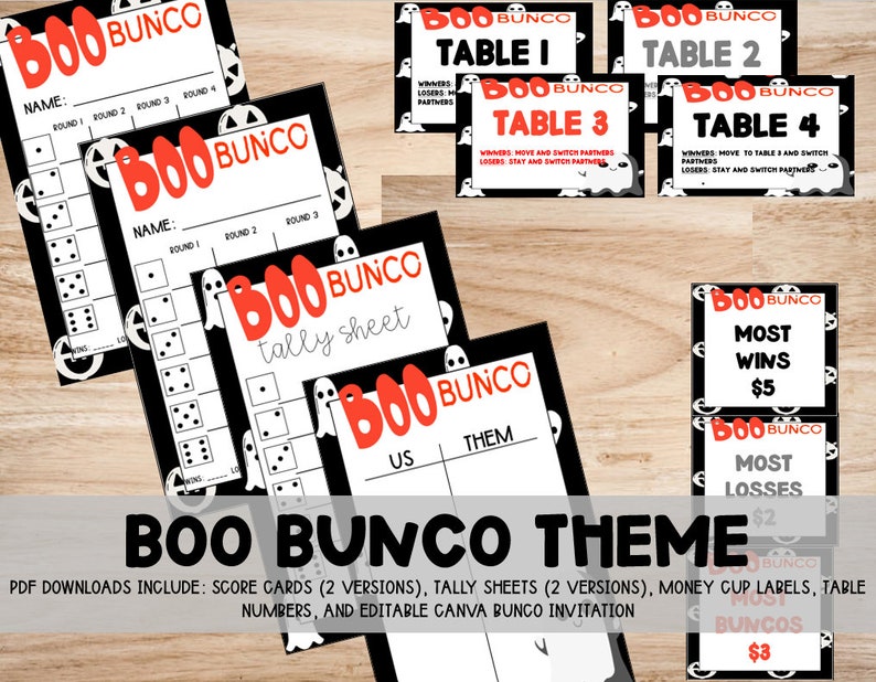 Printable Boo Theme Bunco Set: Score Cards (2 Versions), Tally Sheet (2 ...