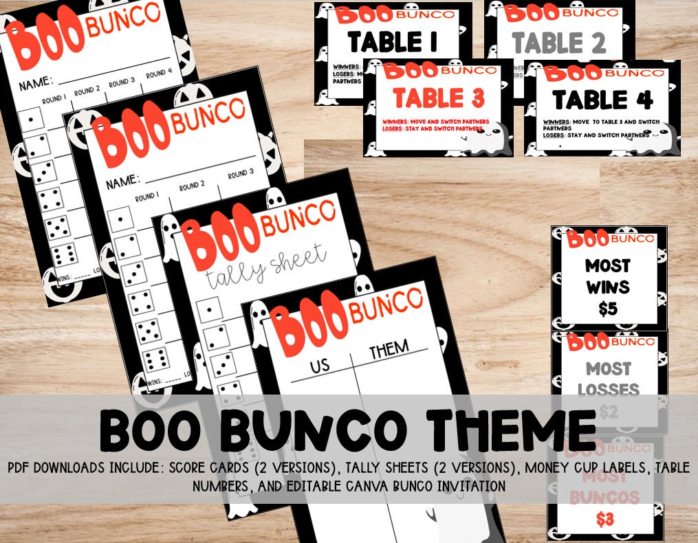 Printable Boo Theme Bunco Set: Score Cards (2 Versions), Tally Sheet (2 ...