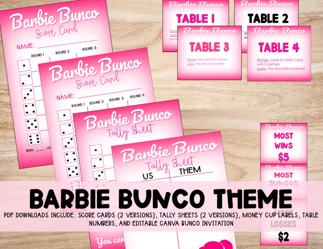 Printable Barbie Theme Bunco Set: Score Cards (2 Versions), Tally Sheet ...