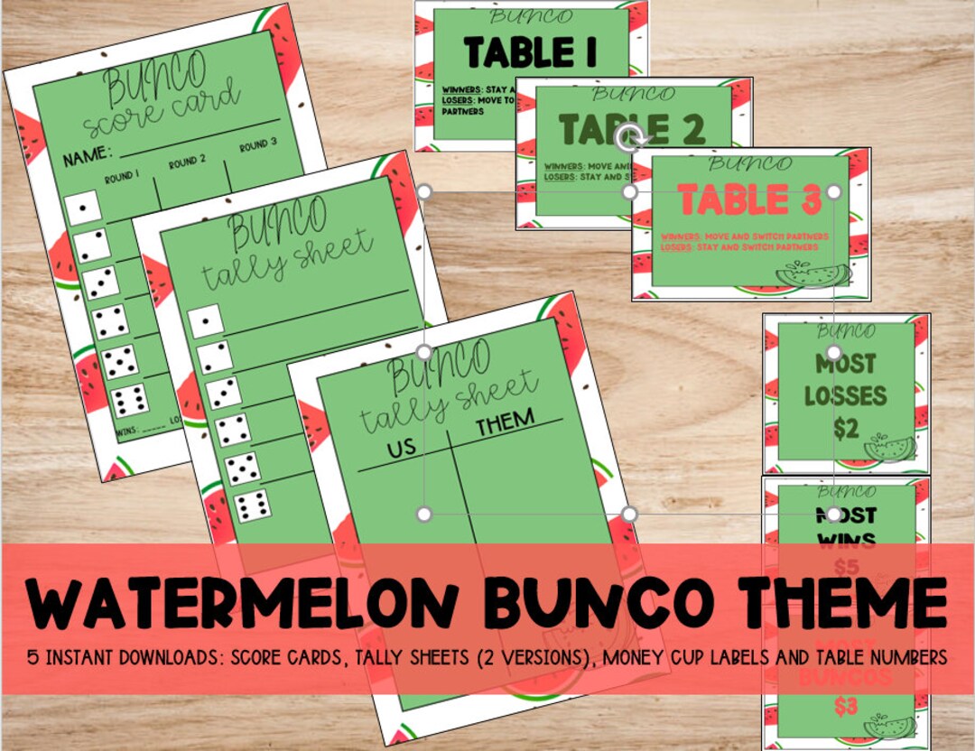 Printable Watermelon Theme Bunco Set: Score Card, Tally Sheet (2 ...