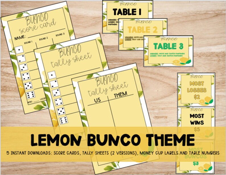Printable Lemon Theme Bunco Set: Score Card, Tally Sheet (2 Versions ...