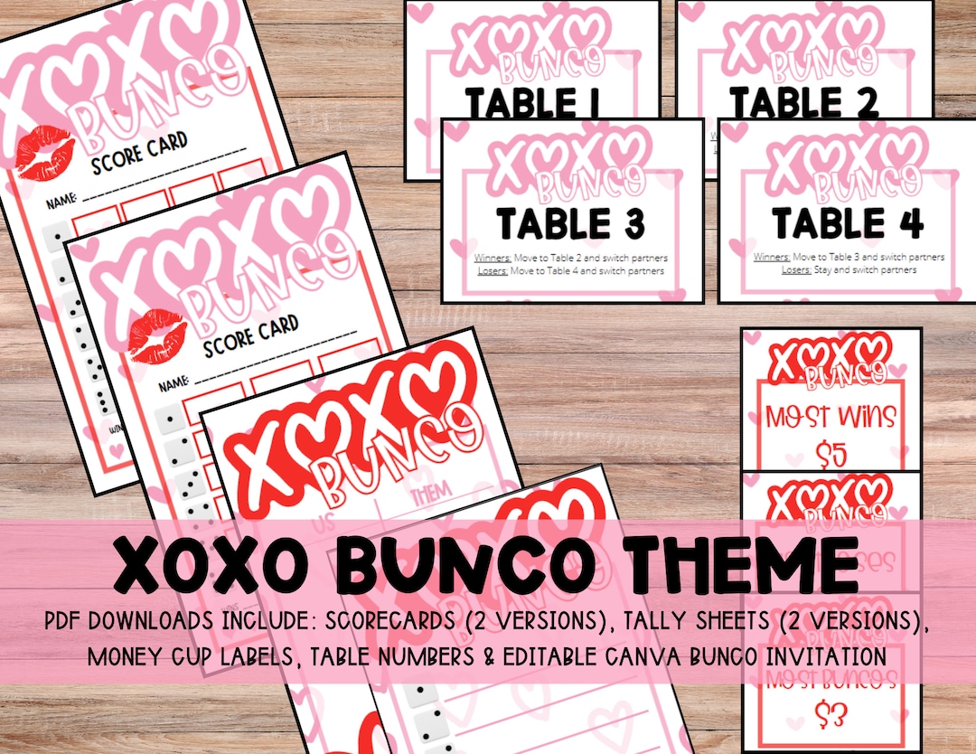 Printable XOXO Theme Bunco Set: Score Cards (2 Versions), Tally Sheet ...