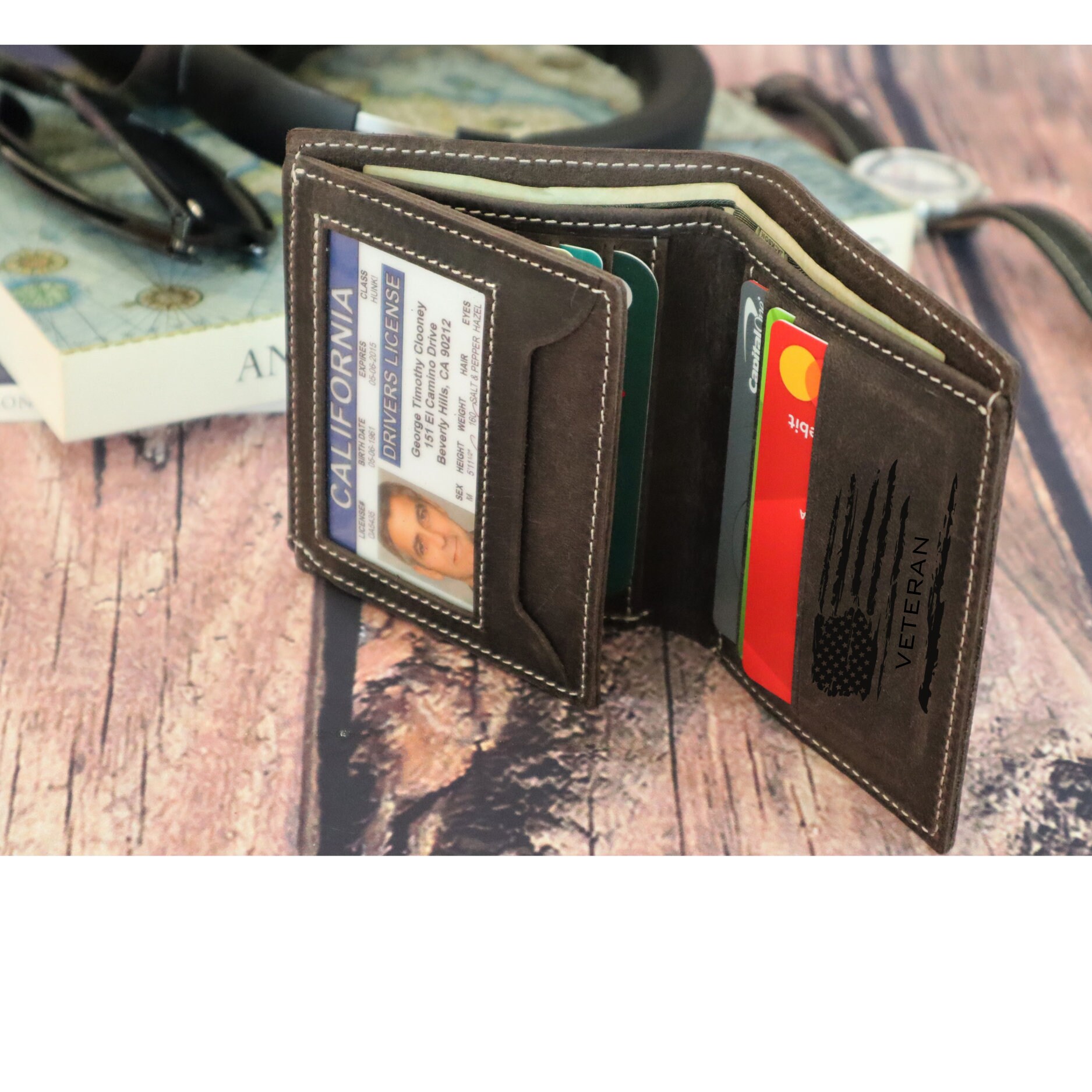 American Flag Engraved Leather Wallet for Veterans, Men's Customized ...