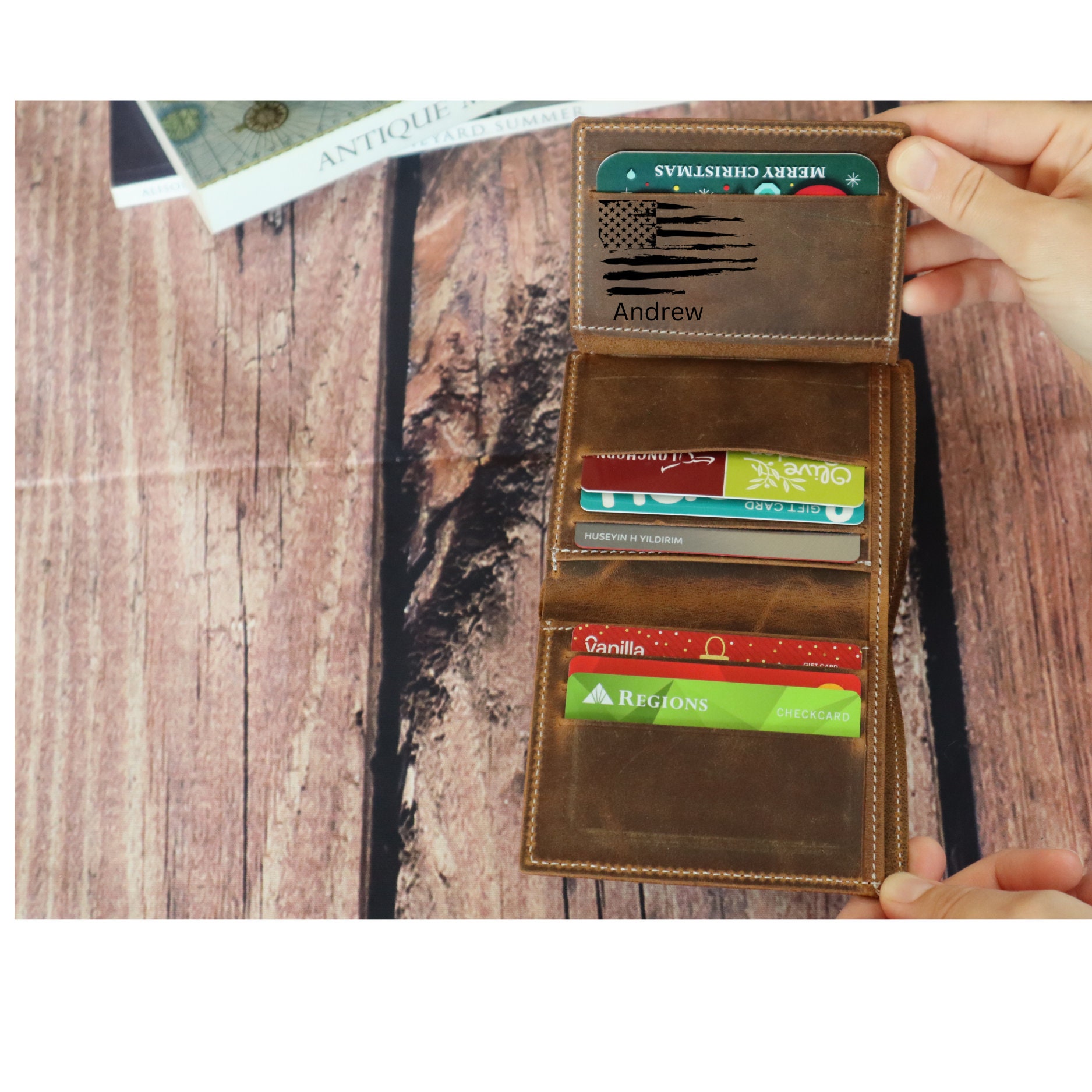 American Flag Engraved Leather Wallet for Veterans, Men's Customized ...