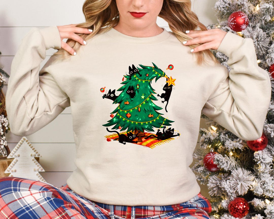Funny Black Cat Christmas Tree Art, Cute Holiday Cat Chaos Illustration ...