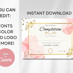 Editable Certificate of Completion -canva Template- Certificate of ...