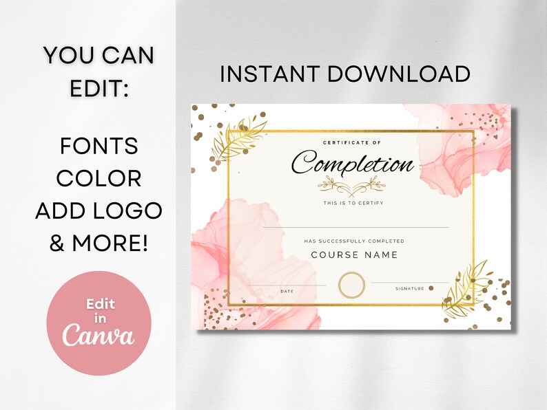 Editable Certificate of Completion -canva Template- Certificate of ...