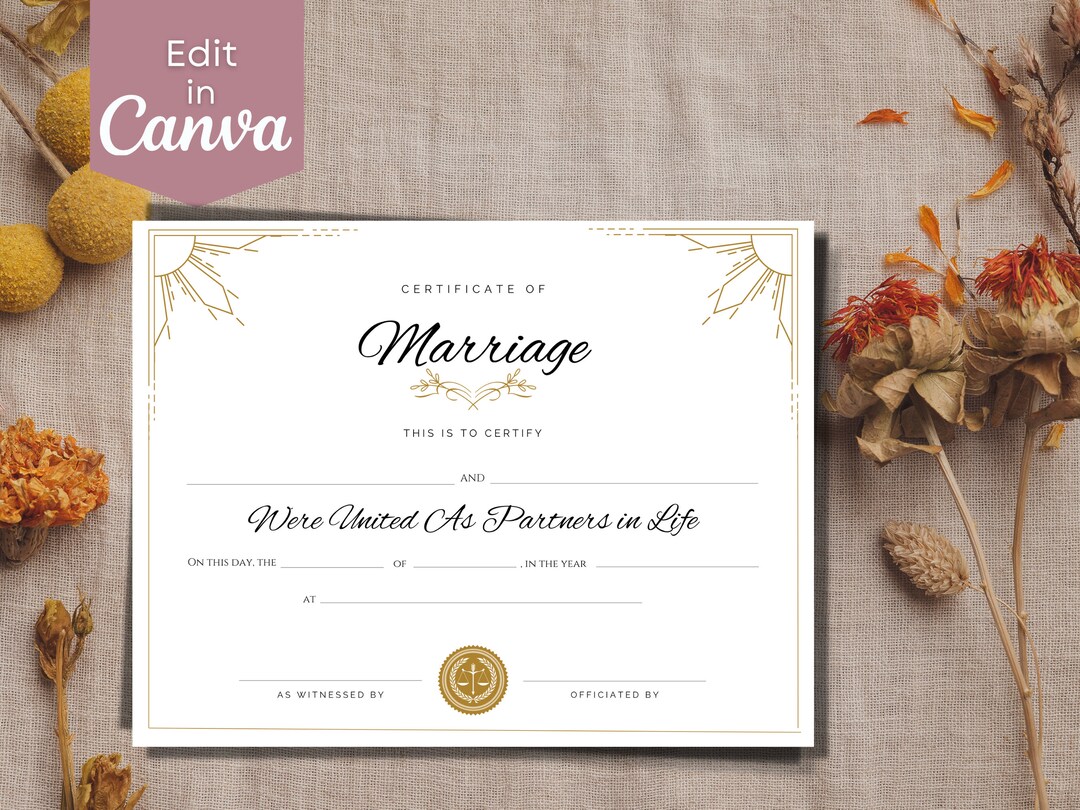 Editable Wedding Certificate Template: Canva Printable (digital ...