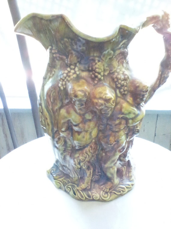 Antique Mythology Green Glazed Tall Jug Stunning Raised - Etsy
