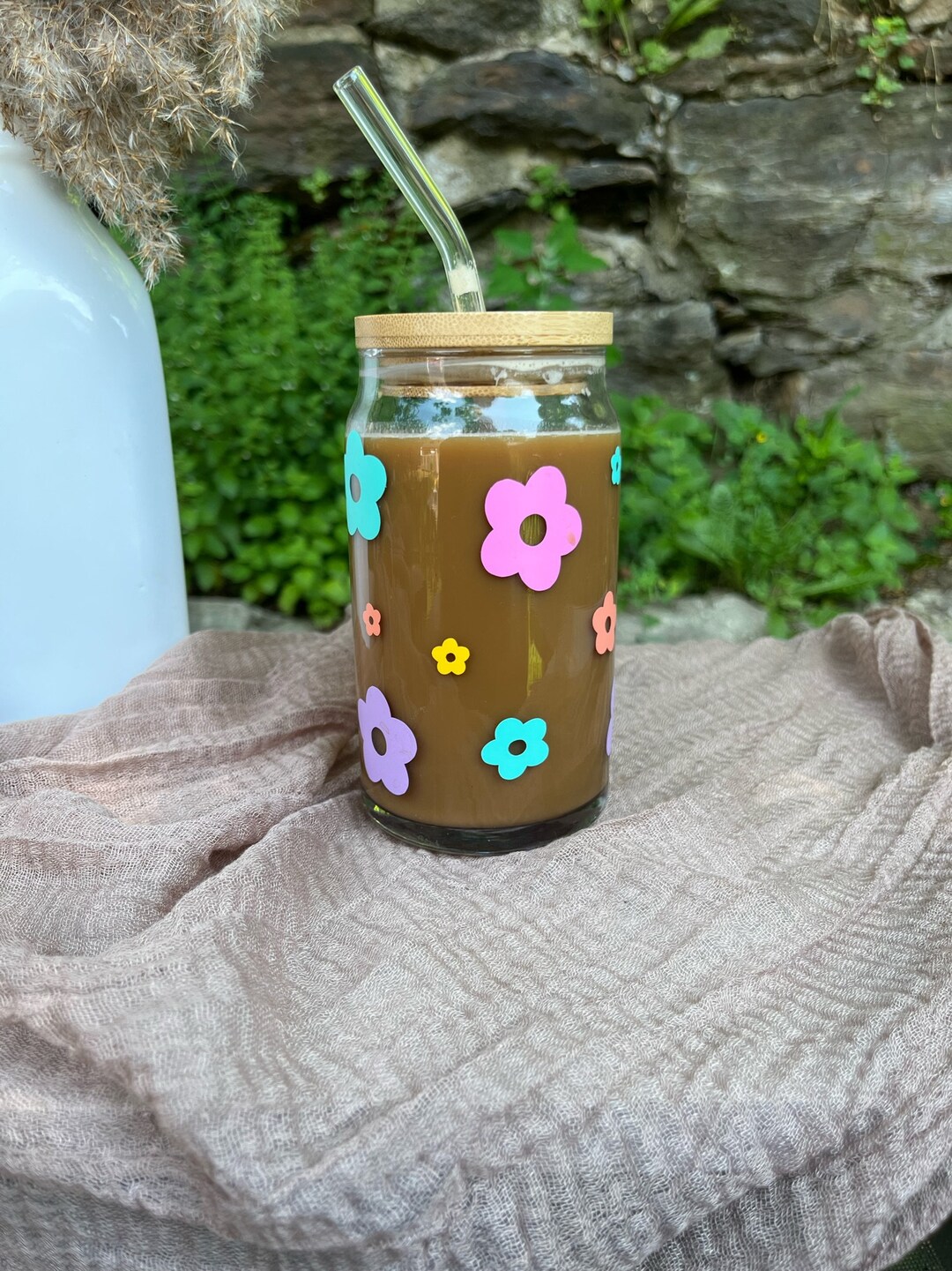 Daisy Dukes Beer Can Glass Flowers Lid Glass Straw Cute Boho Coffee ...