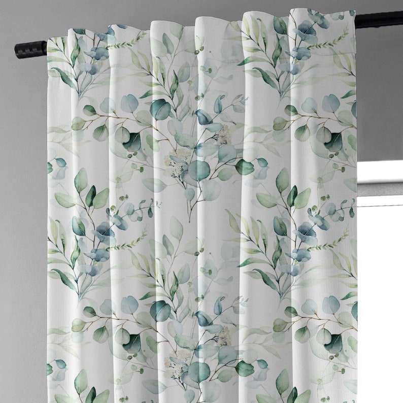 Watercolor Eucalyptus Leaves Cotton Linen Back Tab Curtains White and ...