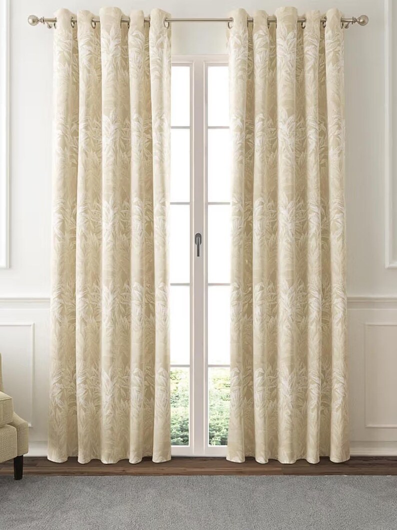 Beige Floral Leaf Pattern Linen Curtains Grommet Header, Light ...