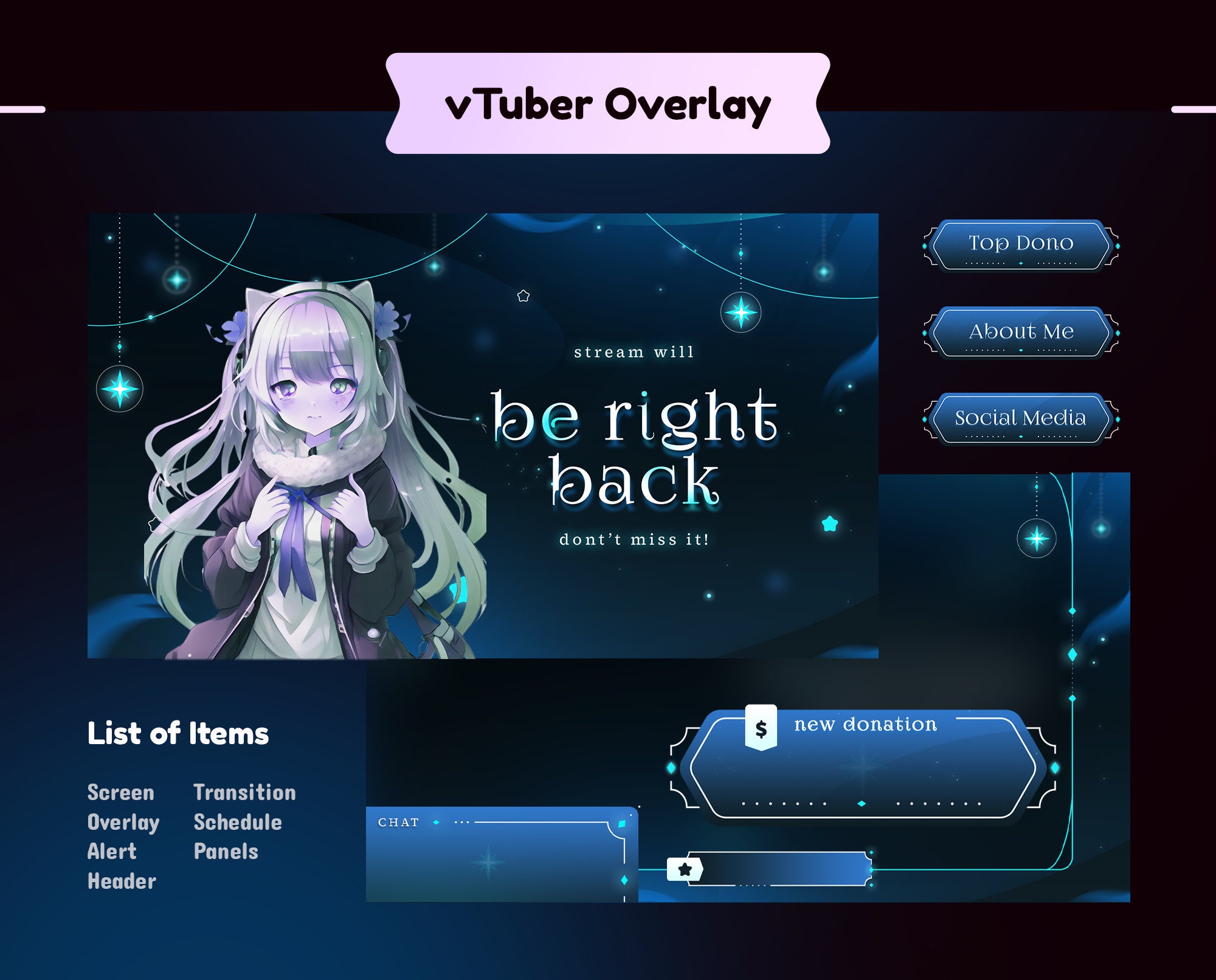 Paquete de transmisión animada Mystique VTuber/Superposición de transmisión/Transición/Paneles ...