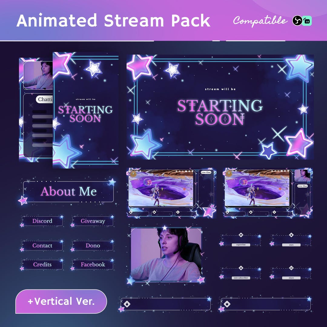 Animated Starflare Dreams Stream Overlay: Neon Galaxy Blue Pink for ...
