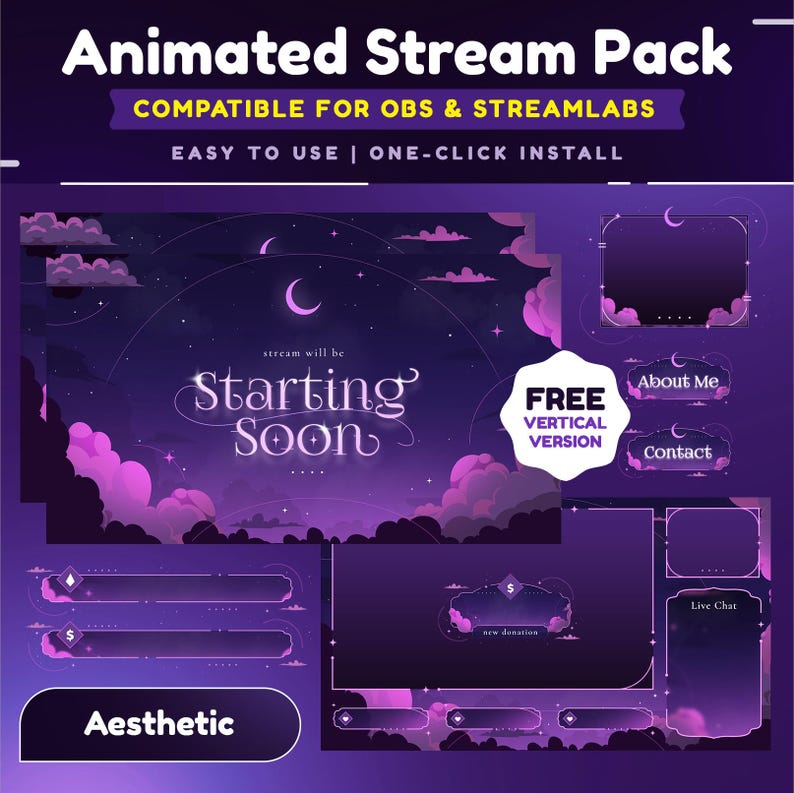 Animated Stream Pack for Twitch, Kick, Youtube/aesthetic Sky/violet ...