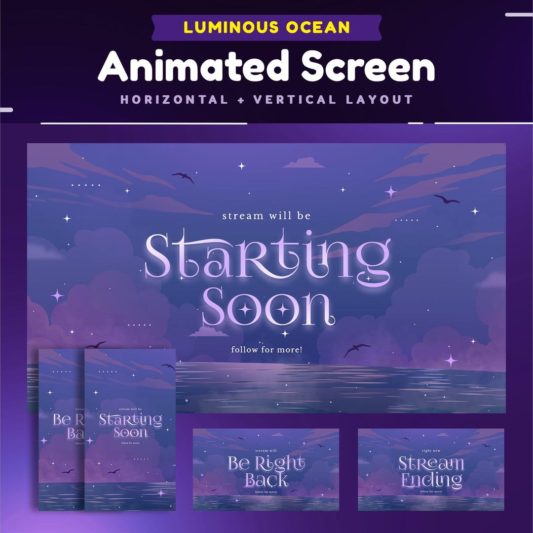 Luminous Ocean Animated Stream Screeen Package for Twitch/soft Purples ...