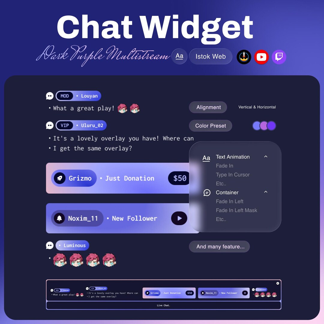 Dark Purple Multistream Chat Widget | Glassy Design | Animated ...