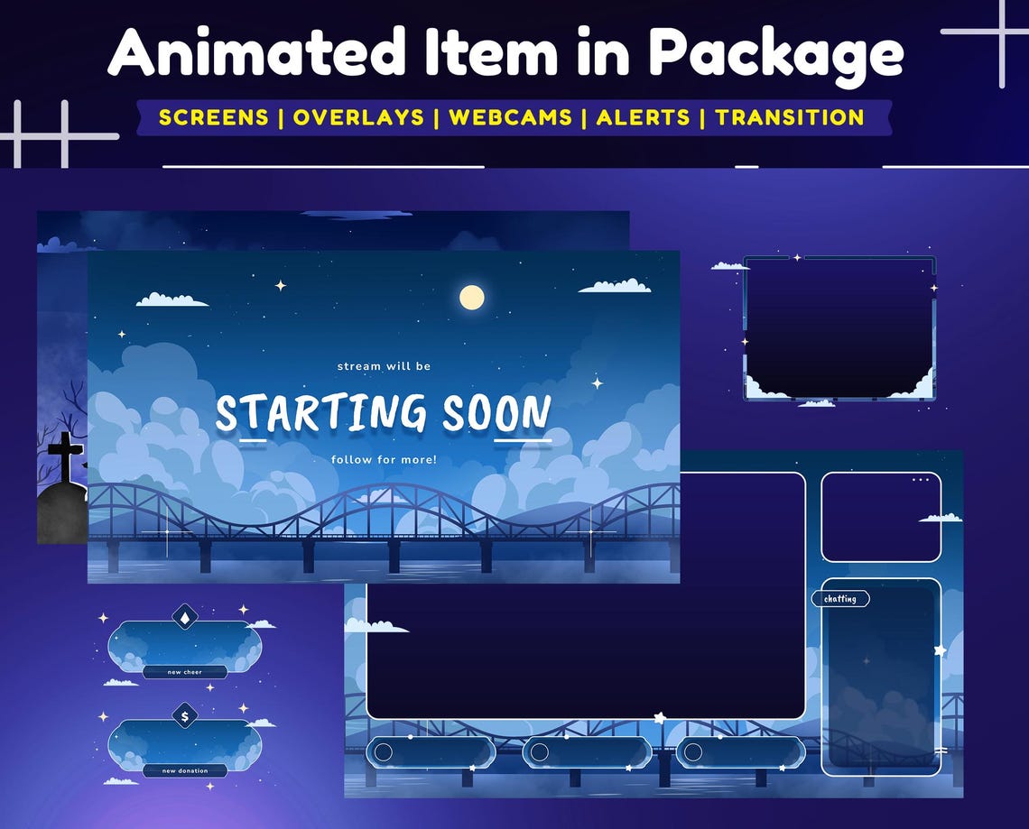 Skybridge Night Animated Stream Overlay Package for Twitch/peaceful ...