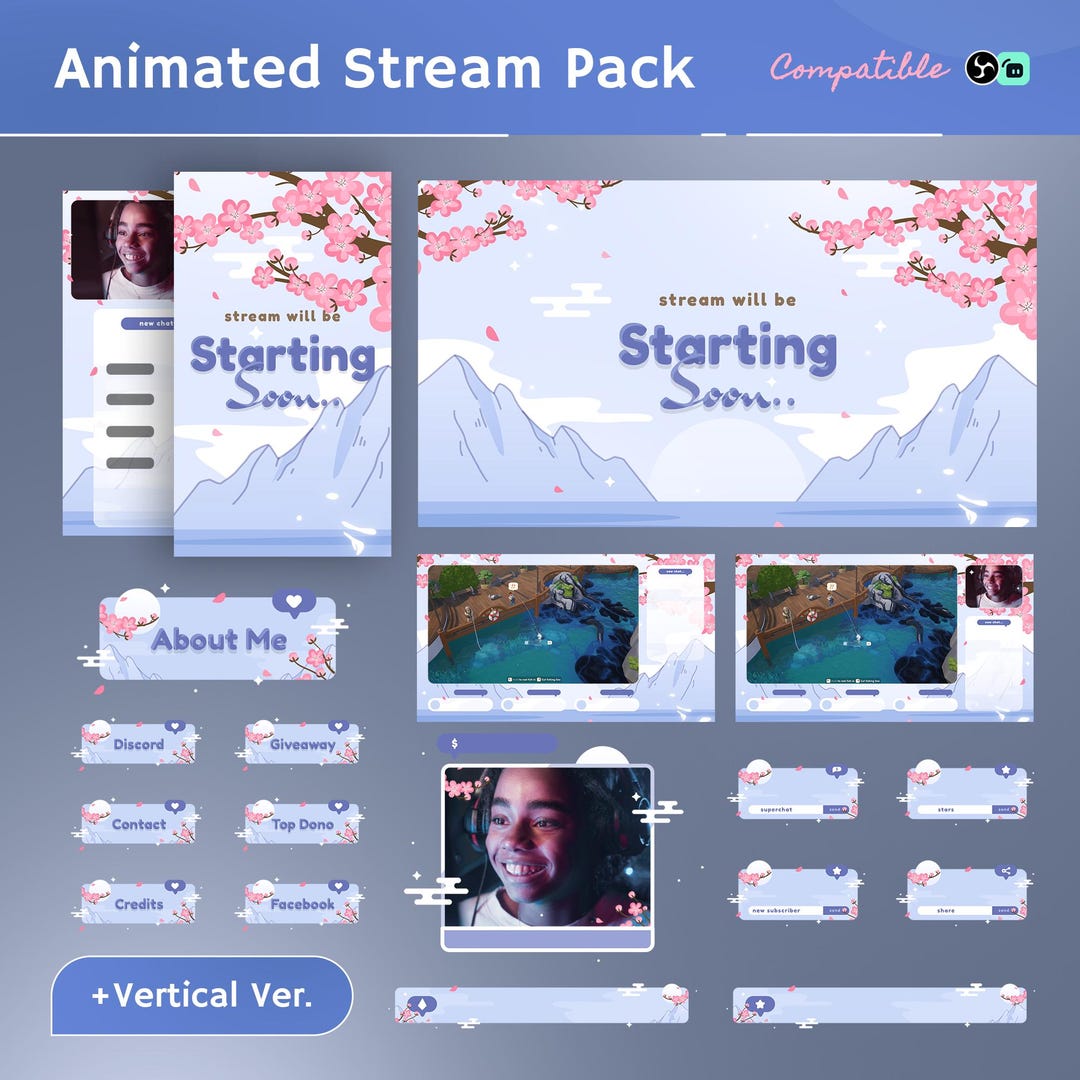 Animated Onsen Overlook Stream Overlay: Pastel Blue Sakura Design for ...