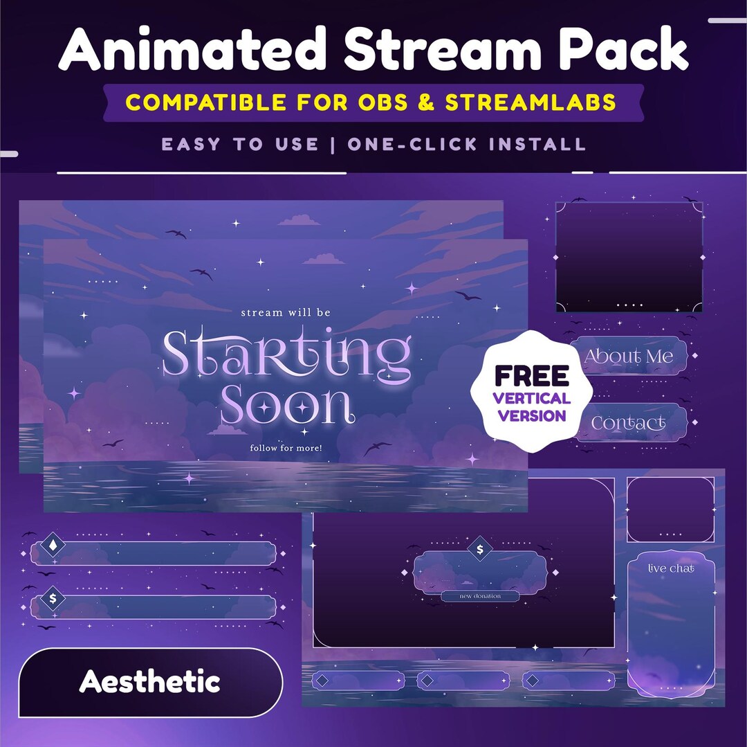Luminous Ocean Animated Stream Overlay Package for Twitch/soft Purples ...