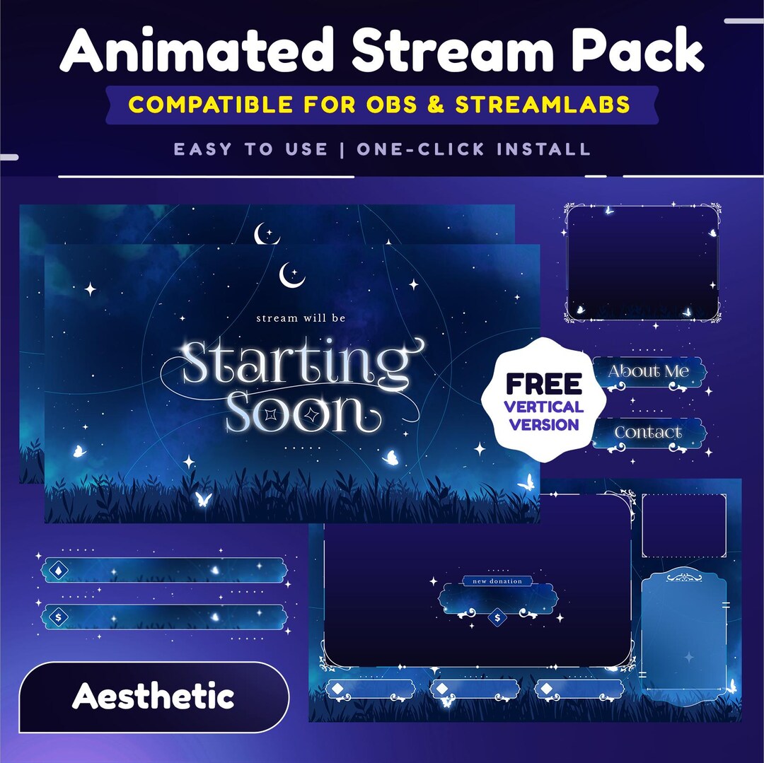 Glistening Night Animated Stream Overlay Package for Twitch/butterfly ...